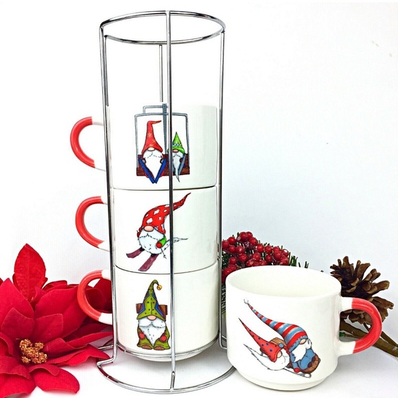 Holiday | Set Of 4 Christmas Gnomes Ceramic Stackable Coffee Mugs With ...
